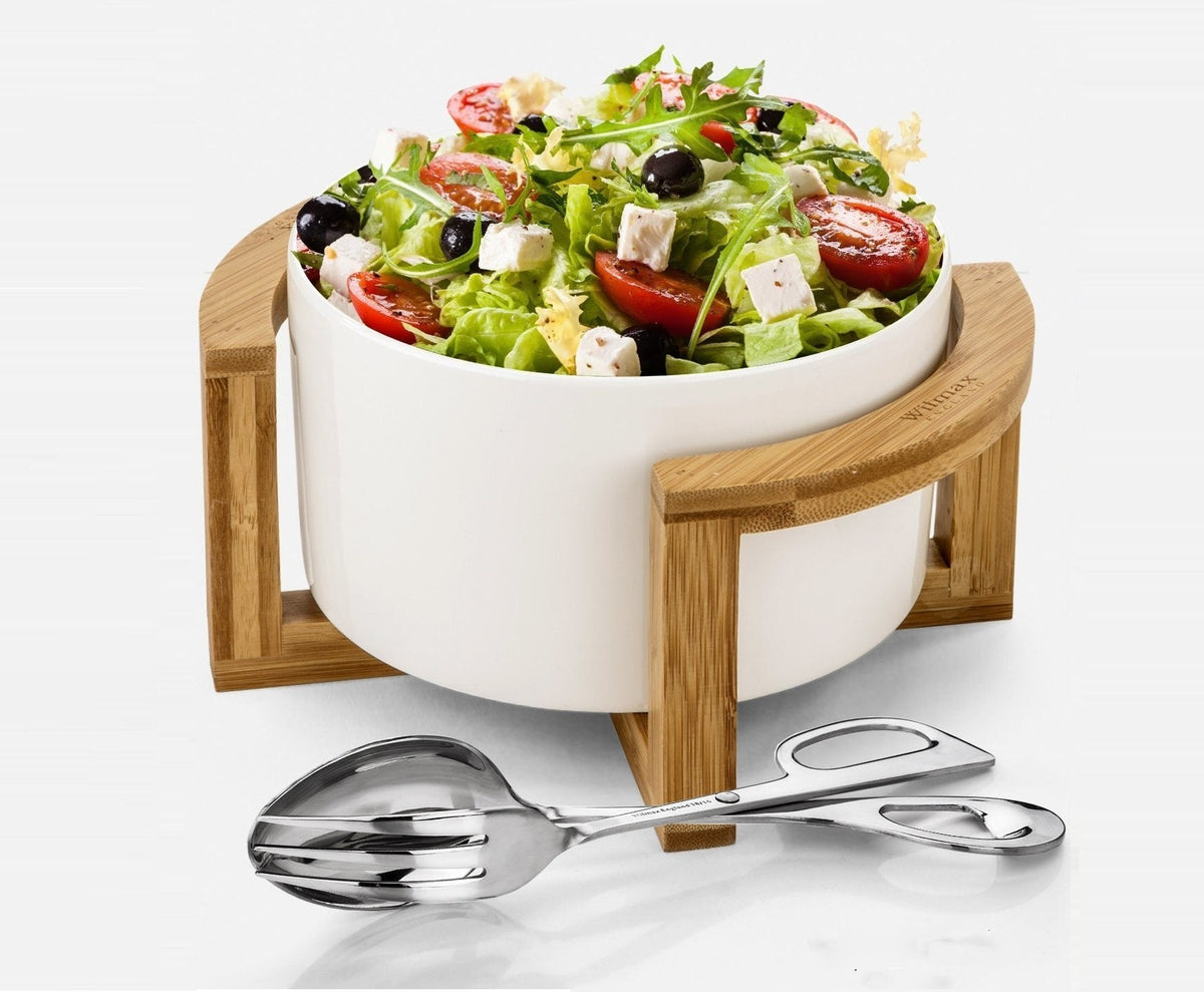 Wilmax Porcelain Medium Salad Bowl Set With Serving Tongs And A Bamboo ...